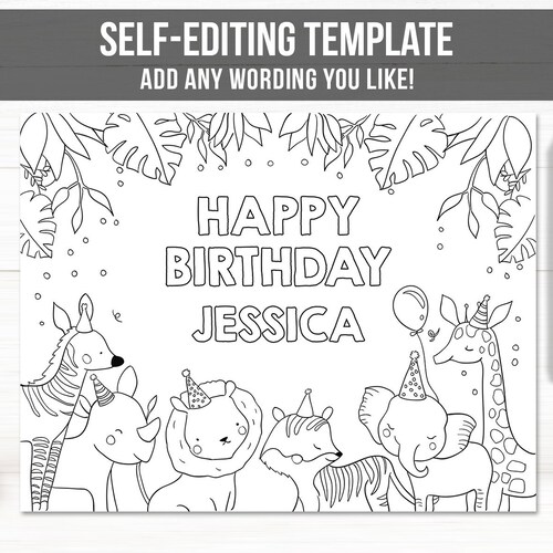Editable Coloring Page Safari Animals Birthday Party Activity - Etsy