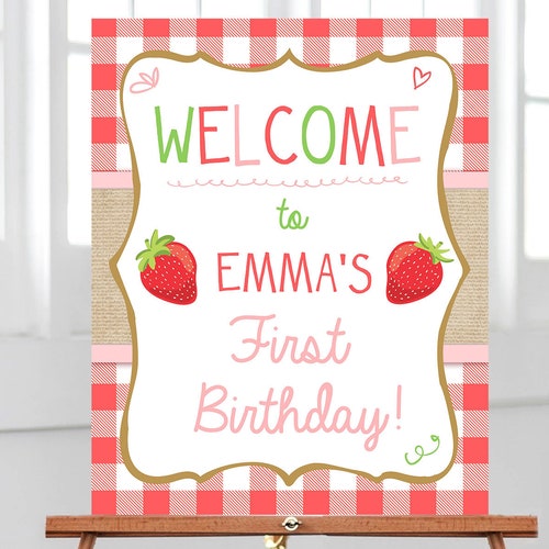 Editable Strawberry Birthday Welcome Sign Strawberry Party - Etsy