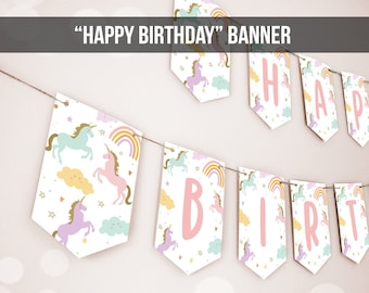 Unicorn Happy Birthday Banner, Rainbow & Unicorn Birthday Party ...