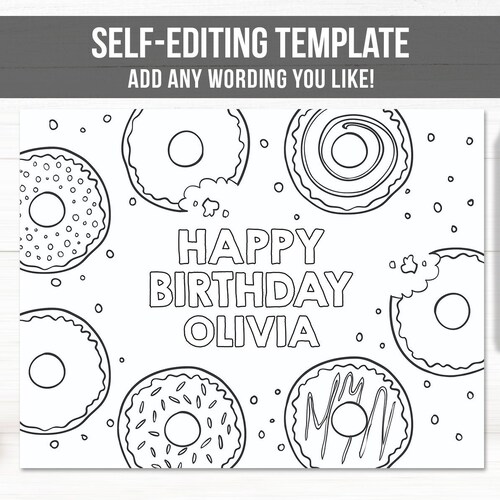 Editable Coloring Page Donut Birthday Party Activity Game | Etsy