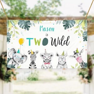 Editable Two Wild Party Animals Birthday Backdrop Banner Safari Animals ...