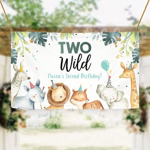 Editable Two Wild Safari Animals Birthday Backdrop Banner Party Animals ...