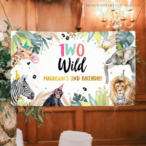Editable Party Animals Two Wild Backdrop Banner Safari Animal Girl Pink ...