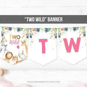 Two Wild Birthday Banner Pink Gold Safari Animals 2nd Birthday | Etsy
