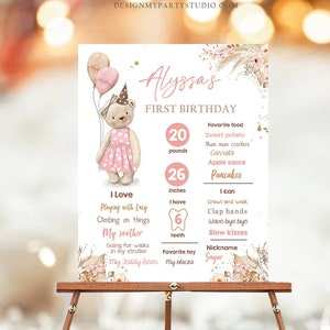 Editable Teddy Bear 1st Birthday Milestones Sign Girl Teddy Bear Picnic ...