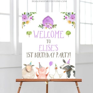 Editable Purple Farm Birthday Welcome Sign Barnyard Birthday Welcome ...
