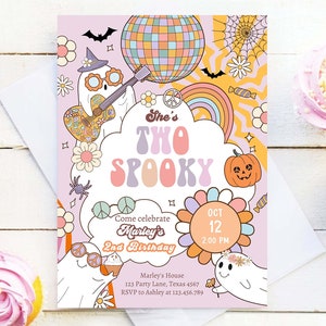Editable Groovy Halloween Two Spooky Birthday Invitation Pink Ghost ...