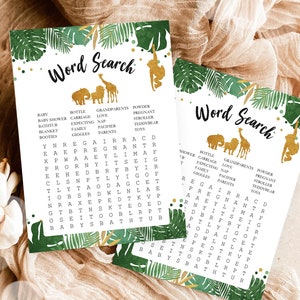 Safari Baby Shower Game Word Search Game Cards Wild One Jungle Baby ...