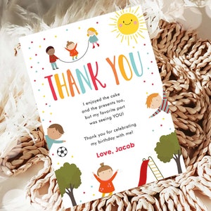 Editable Playground Thank You Card Birthday Boy in the Park Party Climb Slide and Play Note ...