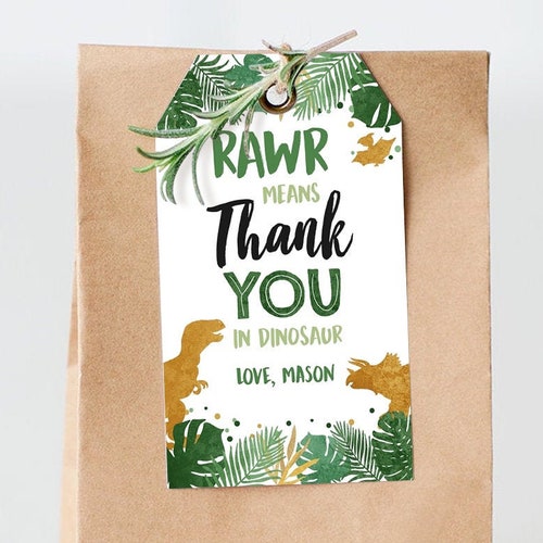 Editable Dinosaur Favor Tags Gift Tag Boy Green Gold Thank You - Etsy