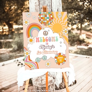 Editable Groovy Birthday Welcome Sign Floral Boho Birthday Welcome Sign ...