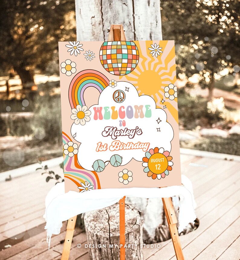 Editable Groovy Birthday Welcome Sign Floral Boho Birthday Welcome Sign ...
