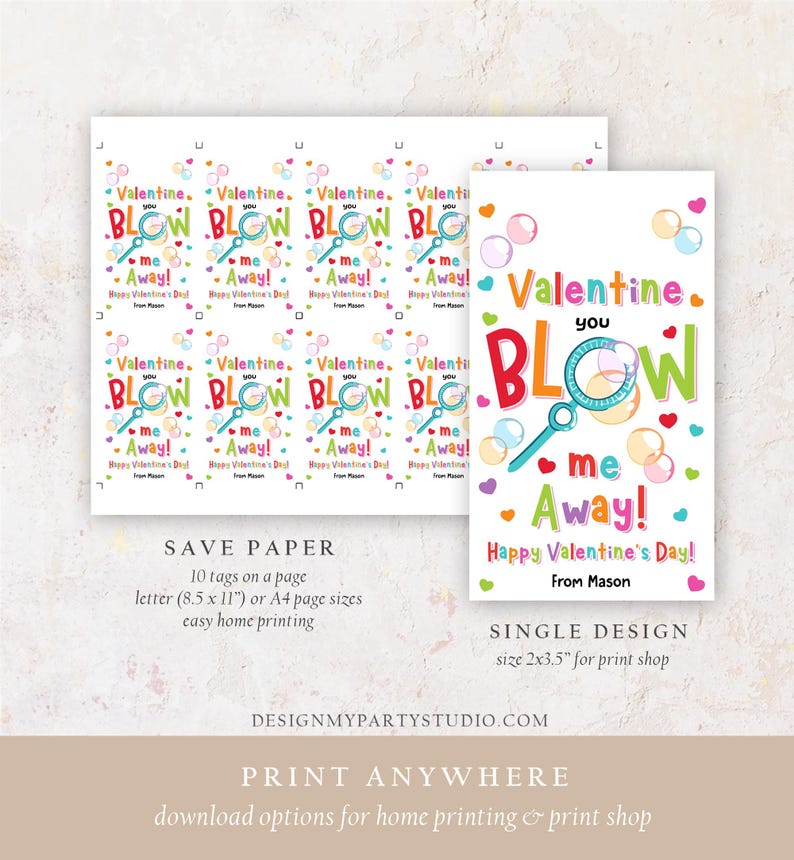 Editable Valentine You Blow Me Away Favor Tag Thank You Blowing Bubbles ...
