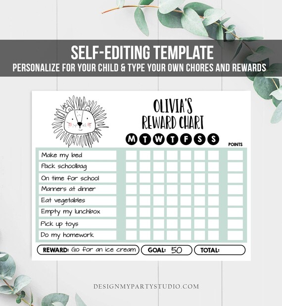 Editable Lion Reward Chart for Boys Printable Animal Chore Chart for ...