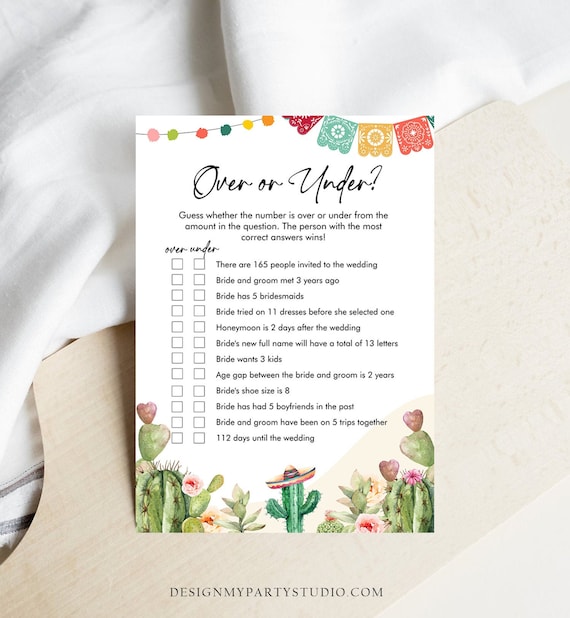 Editable Over or Under Bridal Shower Game Cactus Fiesta Mexican Coed ...