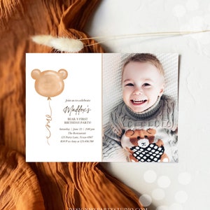 Editable Bear Birthday Invitation Bear Balloon Modern Teddy Bears ...