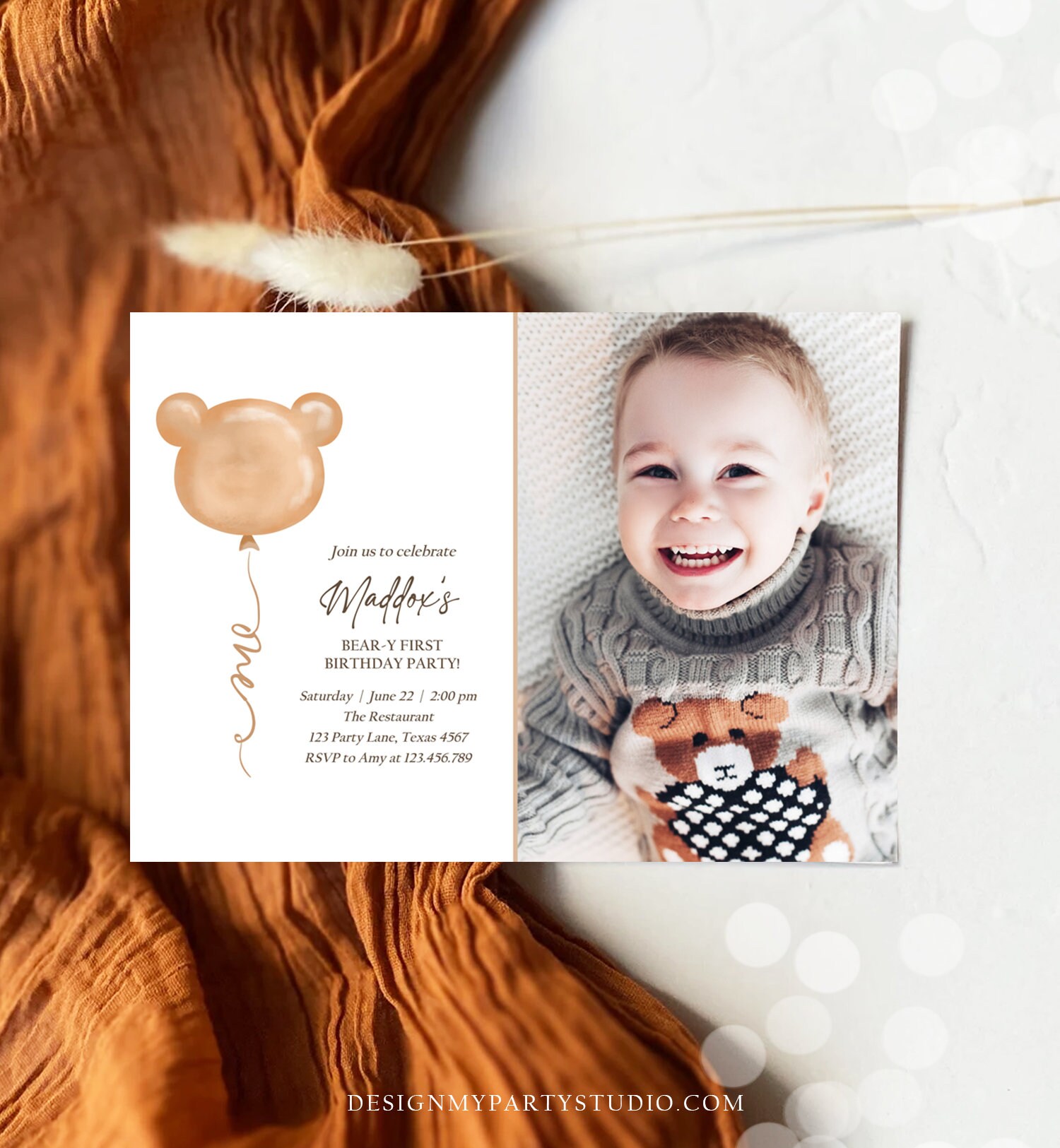 Editable Bear Birthday Invitation Bear Balloon Modern Teddy - Etsy