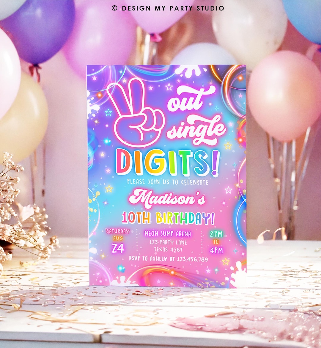 Editable Peace Out Single Digits Birthday Invitation Neon Glow Disco ...