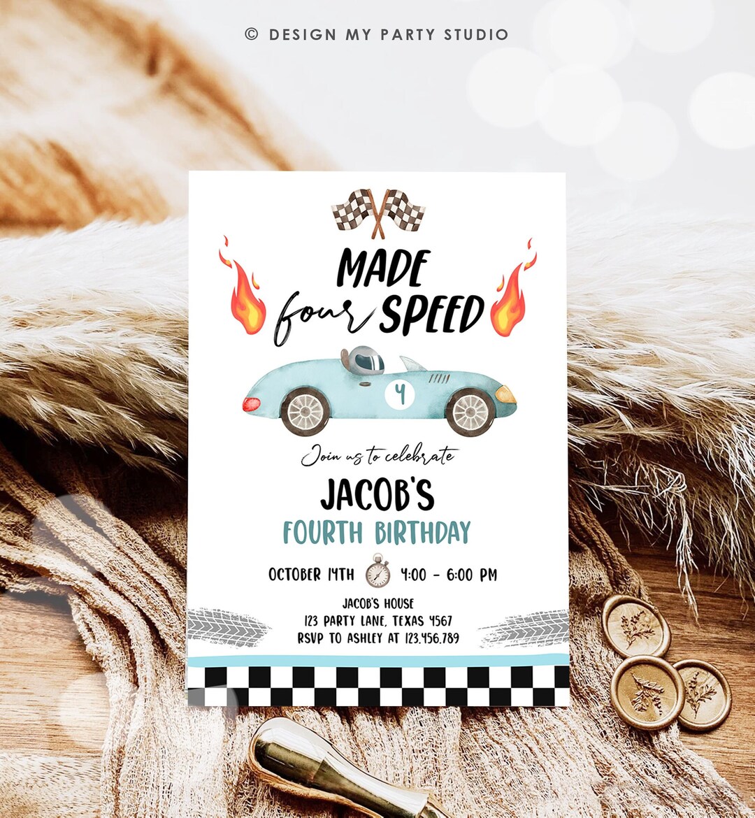 Editable Made Four Speed Race Car Fourth Birthday Invitation Boy Blue ...