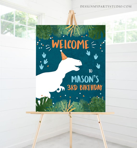 Editable Dinosaur Welcome Sign Boy Green Blue Dino Dig Party Dinosaur ...