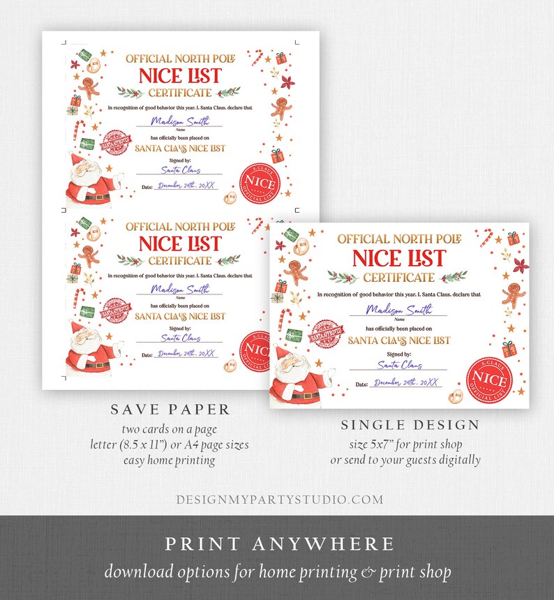 Editable Santa Claus Official Nice List Certificate Letter From Desk ...