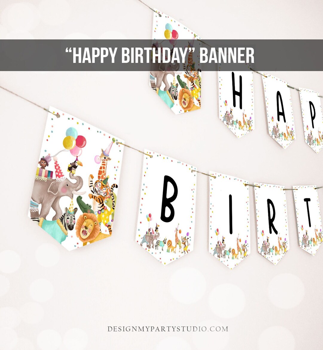 Happy Birthday Banner Party Animals Safari Animals Wild One Birthday ...