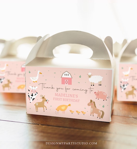 Editable Farm Animals Gable Gift Box Label Pink Farm Birthday Girl ...