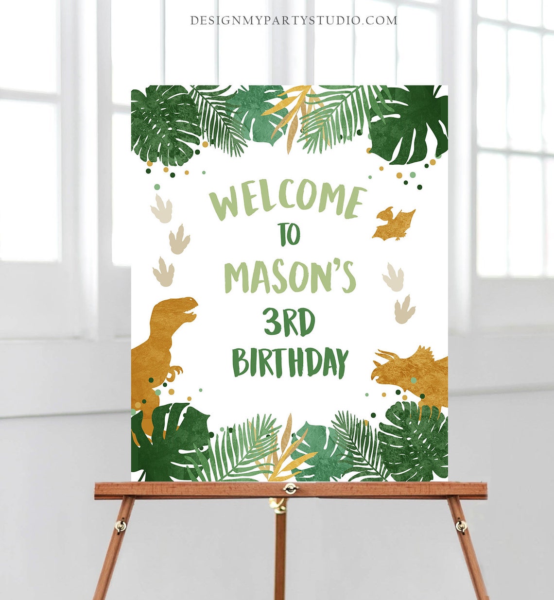 Editable Dinosaur Welcome Sign Boy Green Gold Dino Dig Party | Etsy