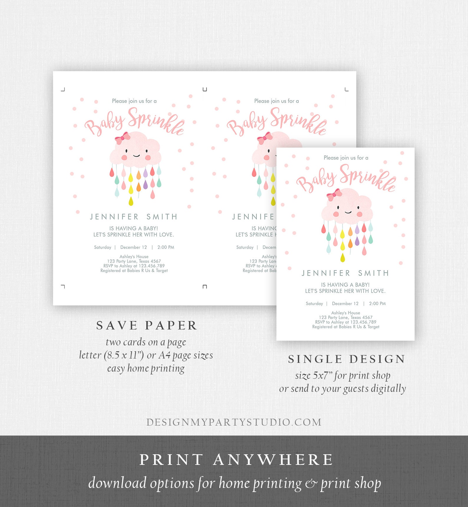 Editable Cloud Baby Sprinkle Invitation Raindrop Sprinkle With - Etsy