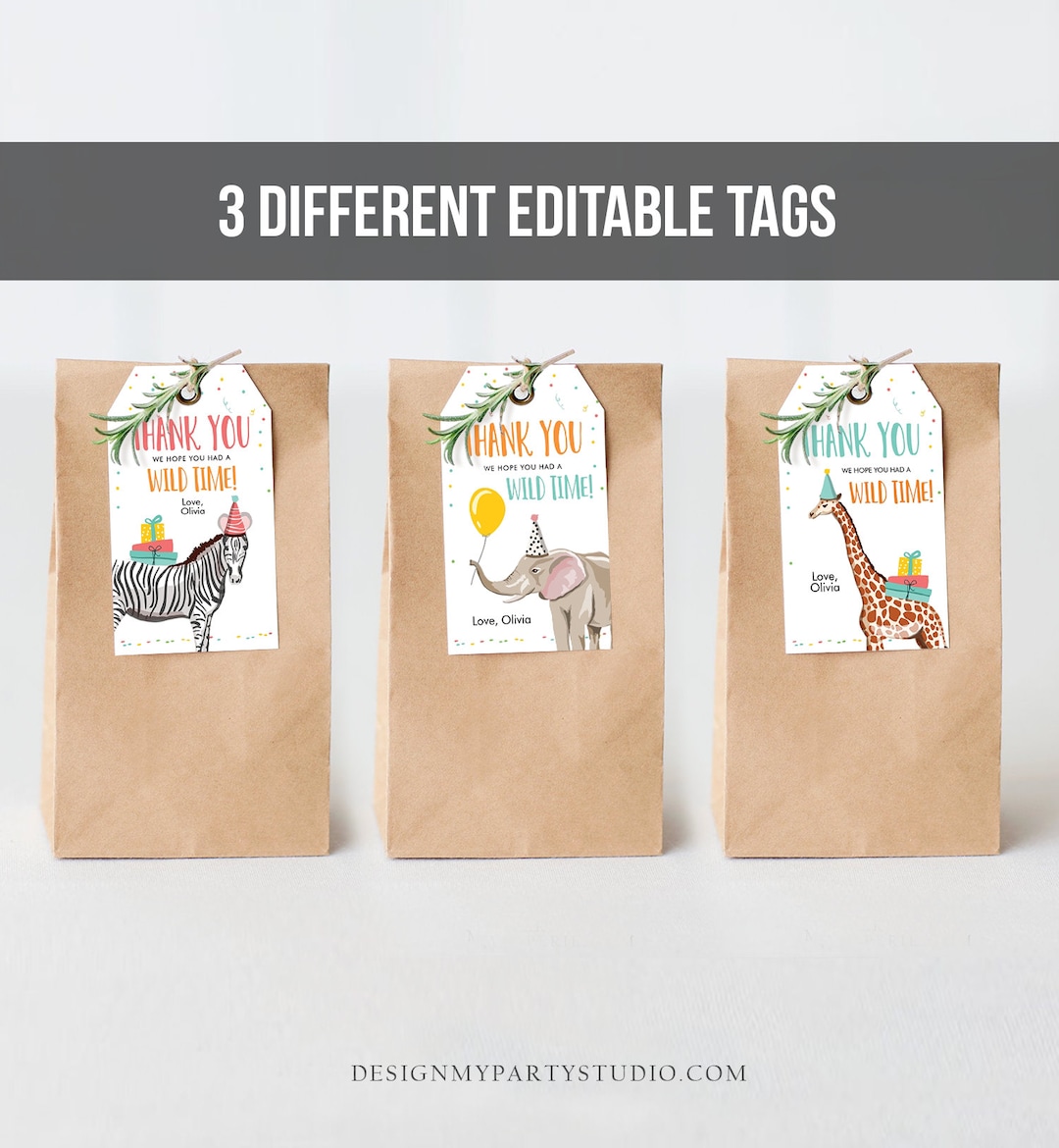 Editable Party Animals Favor Tags Wild One Animals Thank You Tags ...