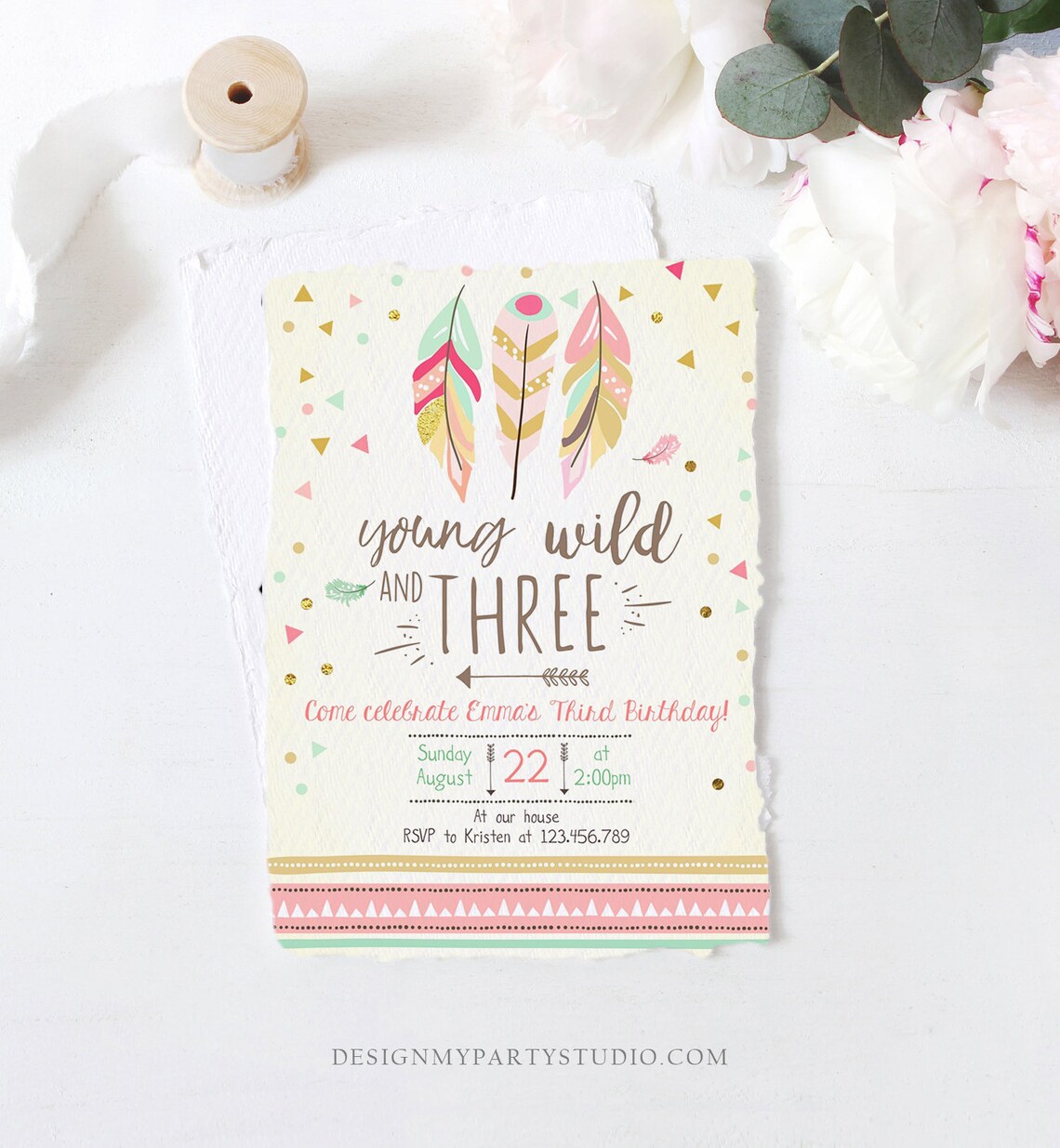 Editable Young Wild and Three Invitation Girl Pink and Gold - Etsy