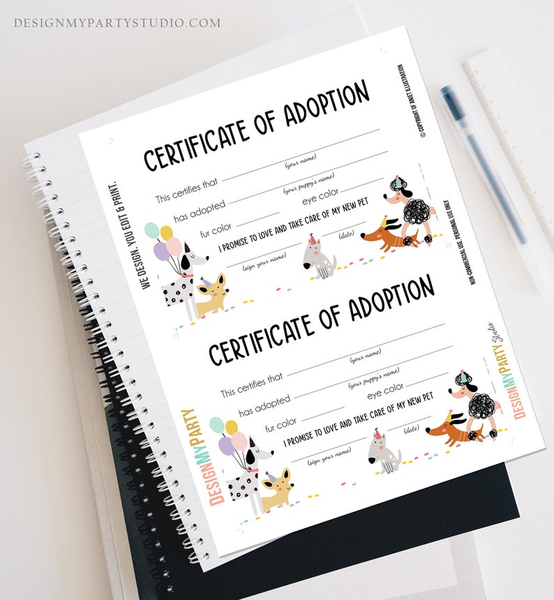 Pet Adoption Certificate Puppy Adoption Dog Birthday Party - Etsy