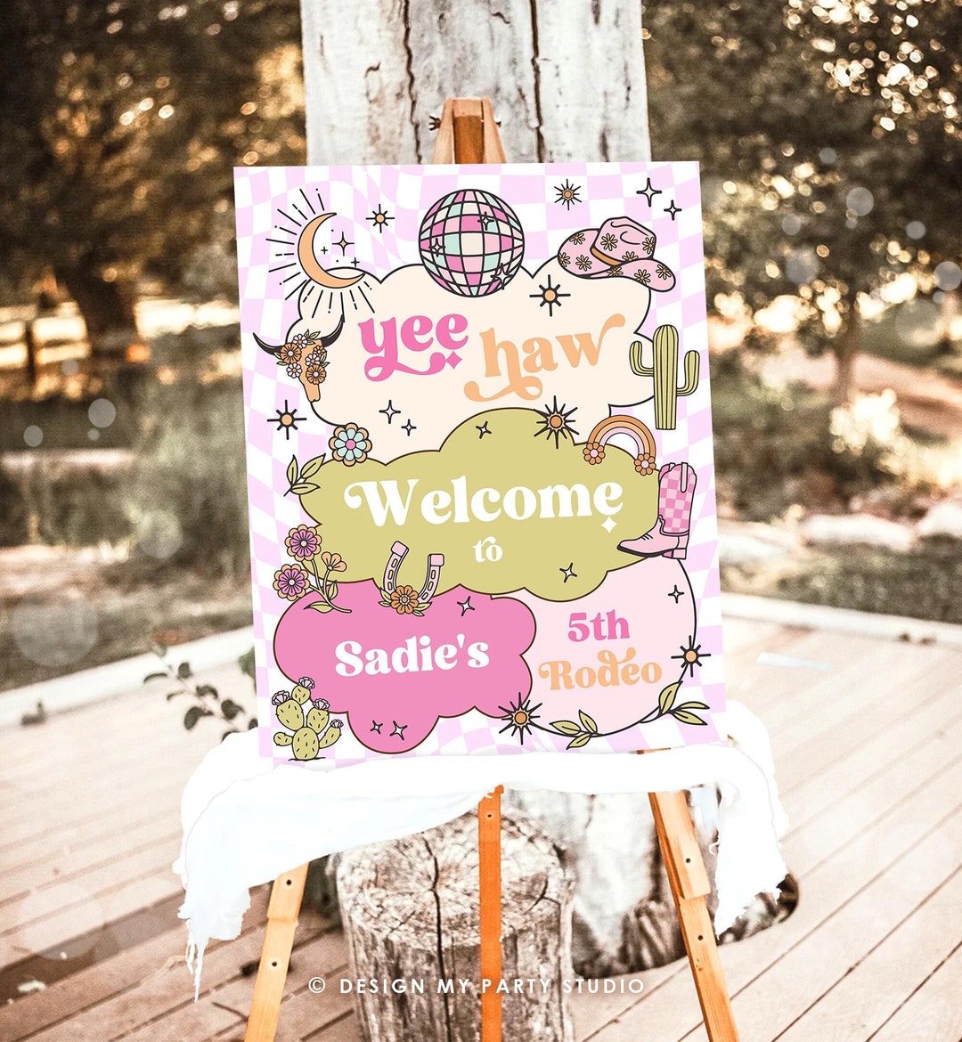Editable Rodeo Cowgirl Welcome Sign Space Disco Cowgirl Birthday Door ...