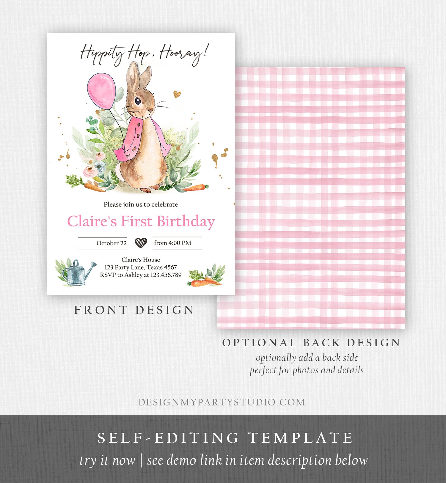 Editable Flopsy Bunny Birthday Invitation Gril Pink Rustic Peter Rabbit ...