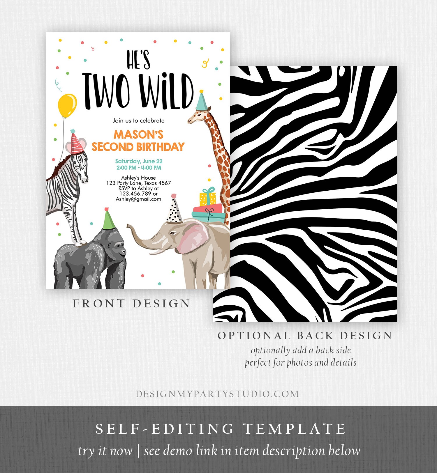 Editable Two Wild Birthday Invitation Safari Animals Party | Etsy