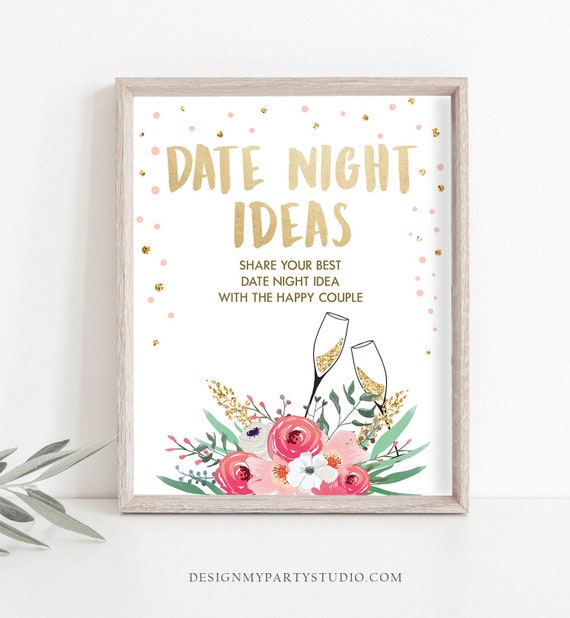 Date Night Ideas Bridal Shower Game Floral Pink Gold Date Jar Sign Date ...