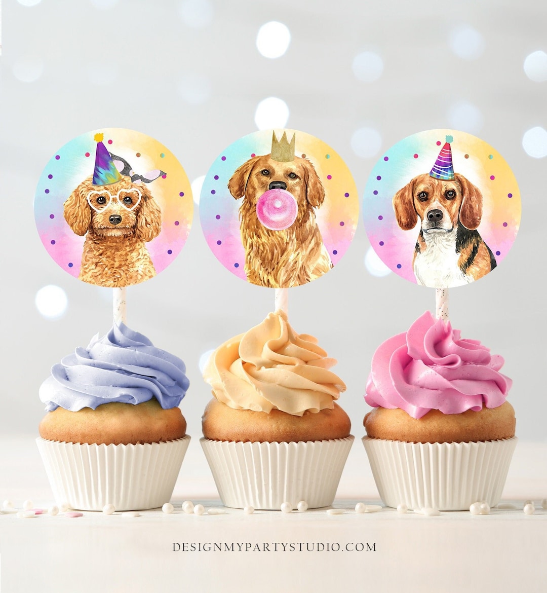 Dogs Cupcake Toppers Puppy Favor Tags Puppy Birthday Rainbow Pink Girl ...