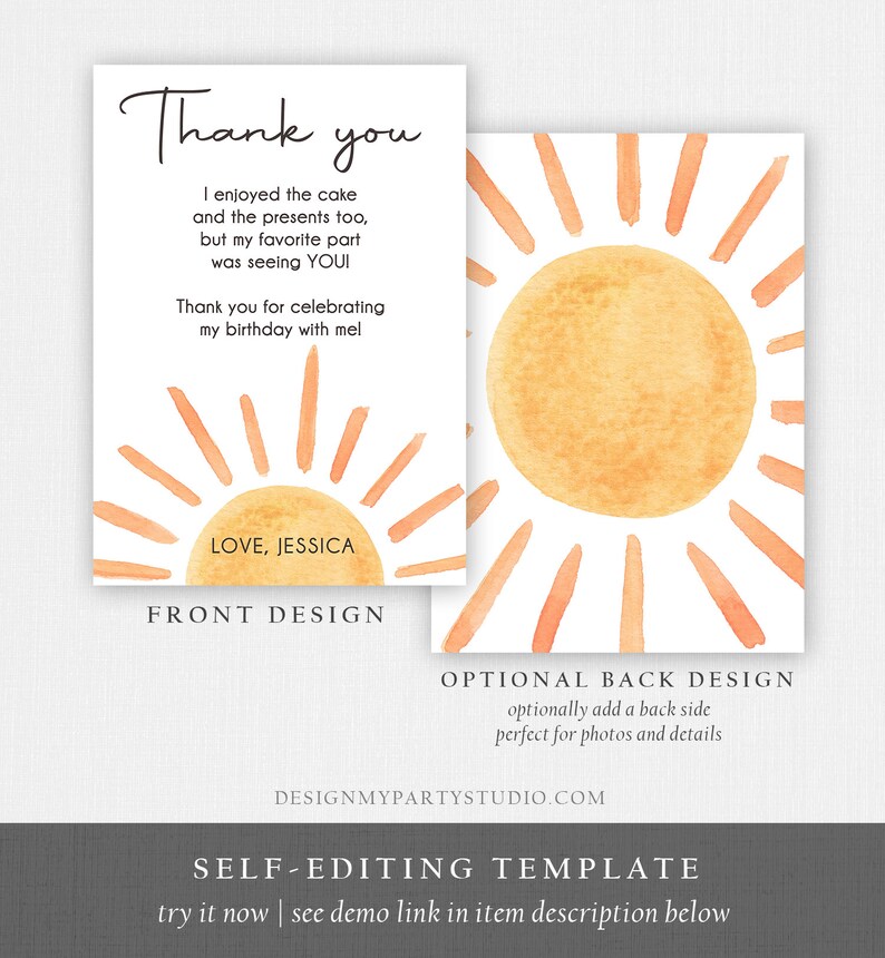 Editable Sun Thank You Card Sun Birthday Party Thank You Note - Etsy