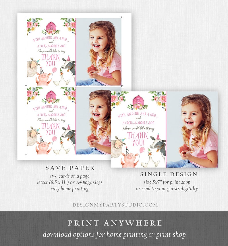 Editable Farm Animals Thank You Card Pink Gingham Farm | Etsy