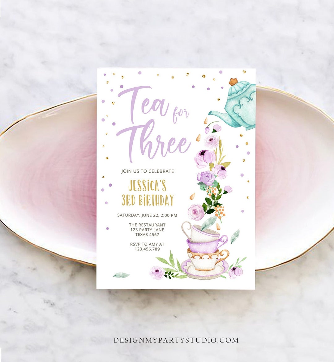 Editable Tea for Three Birthday Invitation Girl Tea Party Invite Pink ...