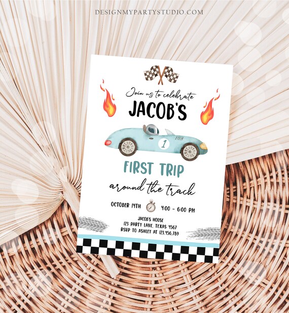 Editable Race Car 1st Birthday Invitation First Trip Around the Track ...
