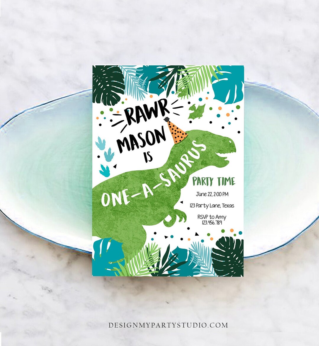 Editable One-a-saurus Dinosaur Birthday Invitation Dino T-rex - Etsy