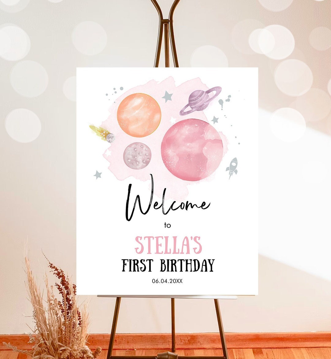 Editable Outer Space Birthday Welcome Sign 1st Birthday Girl Pink ...