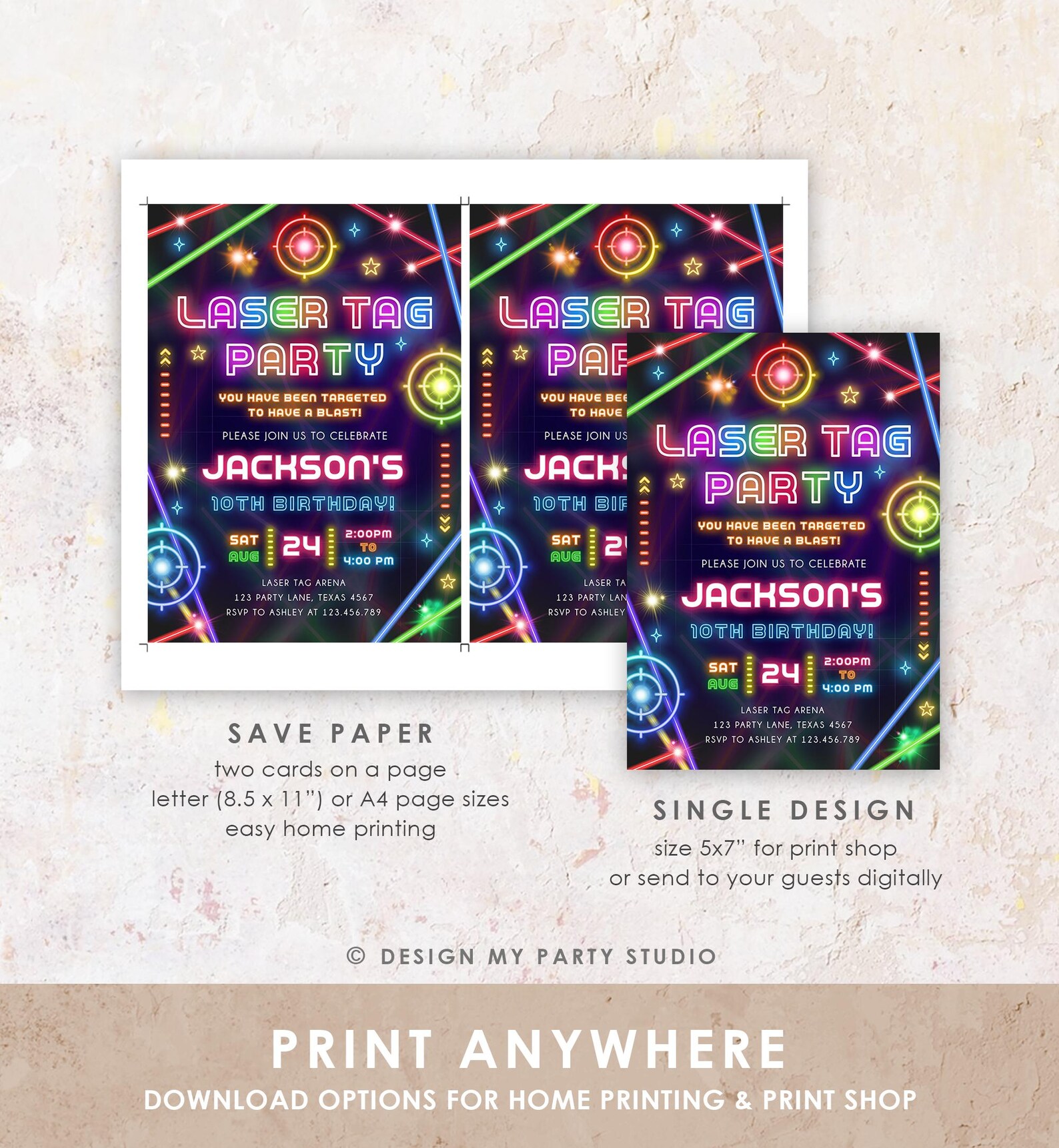 Editable Laser Tag Party Birthday Invitation Animals Neon Glow Arcade ...