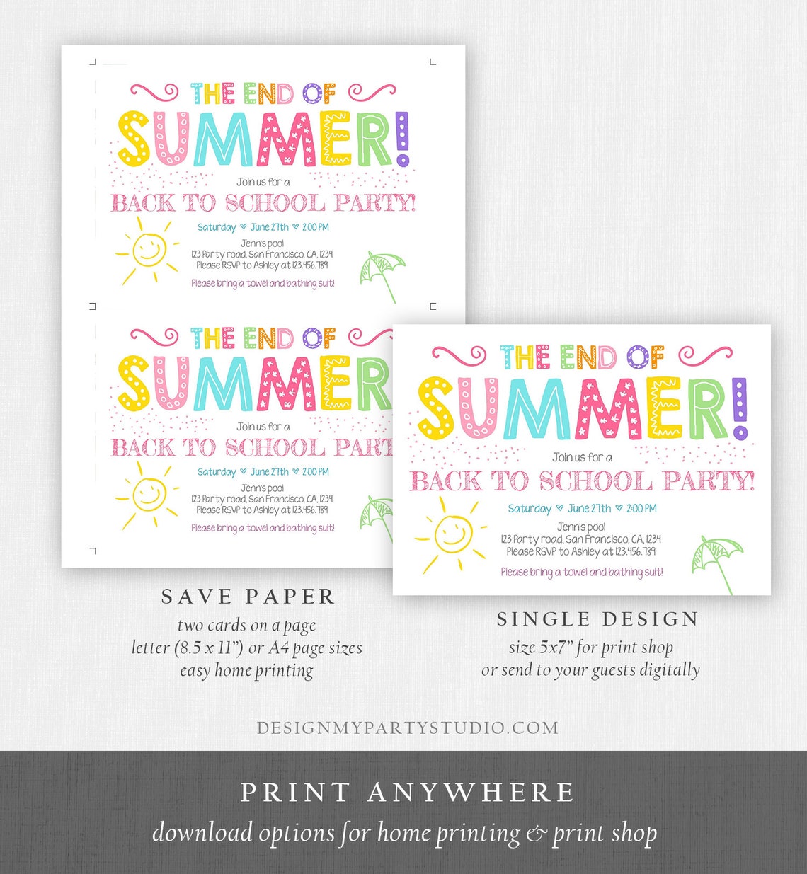 Editable End of the Summer Pool Party Invitation Back to | Etsy