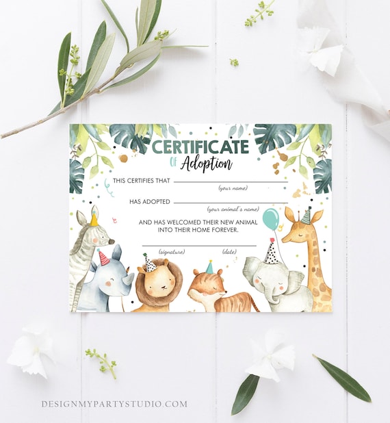 Adopt an Animal Adoption Certificate Safari Animals Adoption Wild One ...