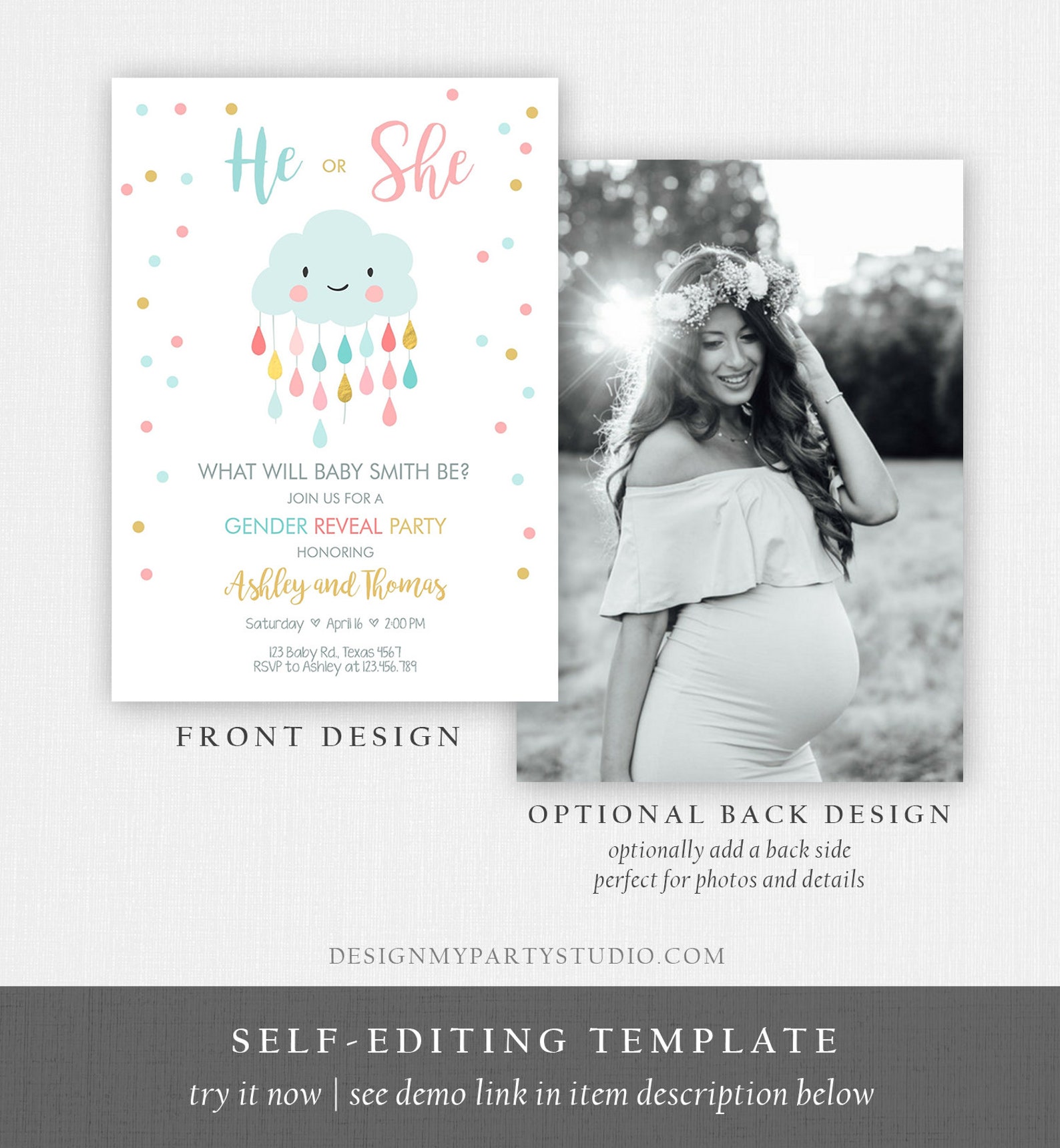 Editable Cloud Gender Reveal Invitation Boy or Girl Blue or - Etsy