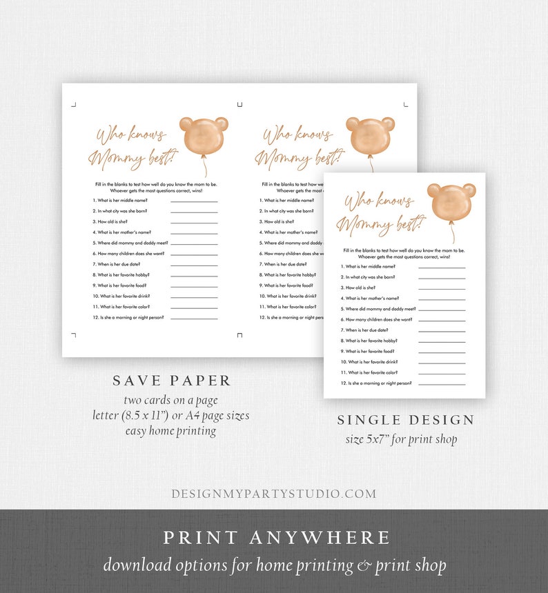 Editable Who Knows Mommy Best Baby Shower Game Modern Bear - Etsy