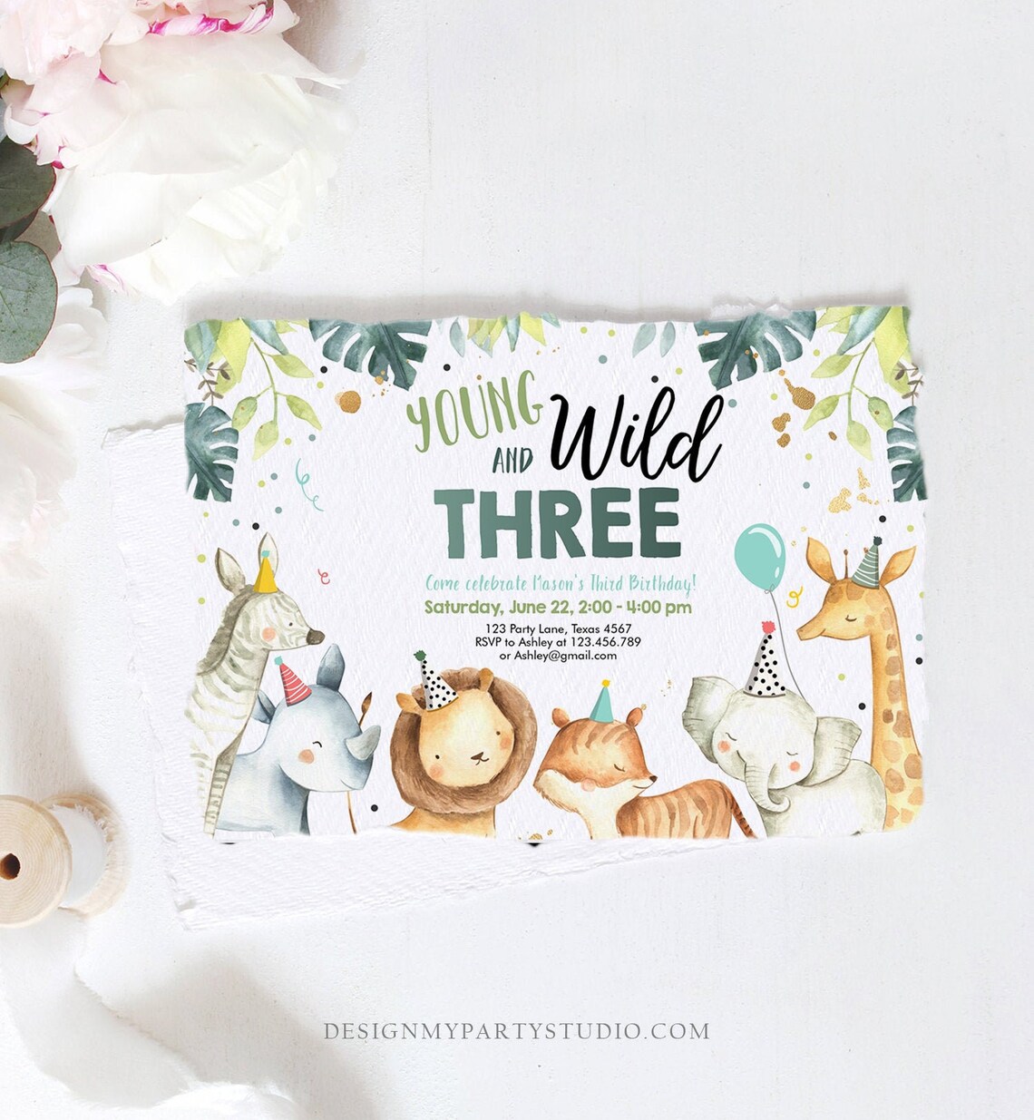 Editable Young Wild and Three Invitation Boy Green and Gold - Etsy