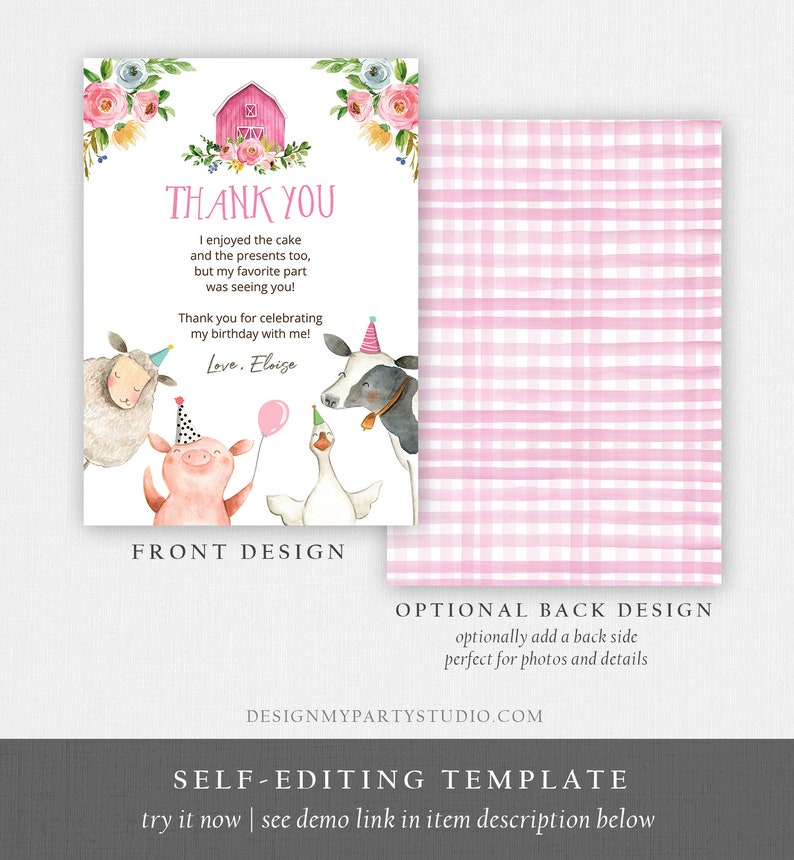 Editable Farm Animals Thank You Card Note Pink Gingham Girl Barnyard ...